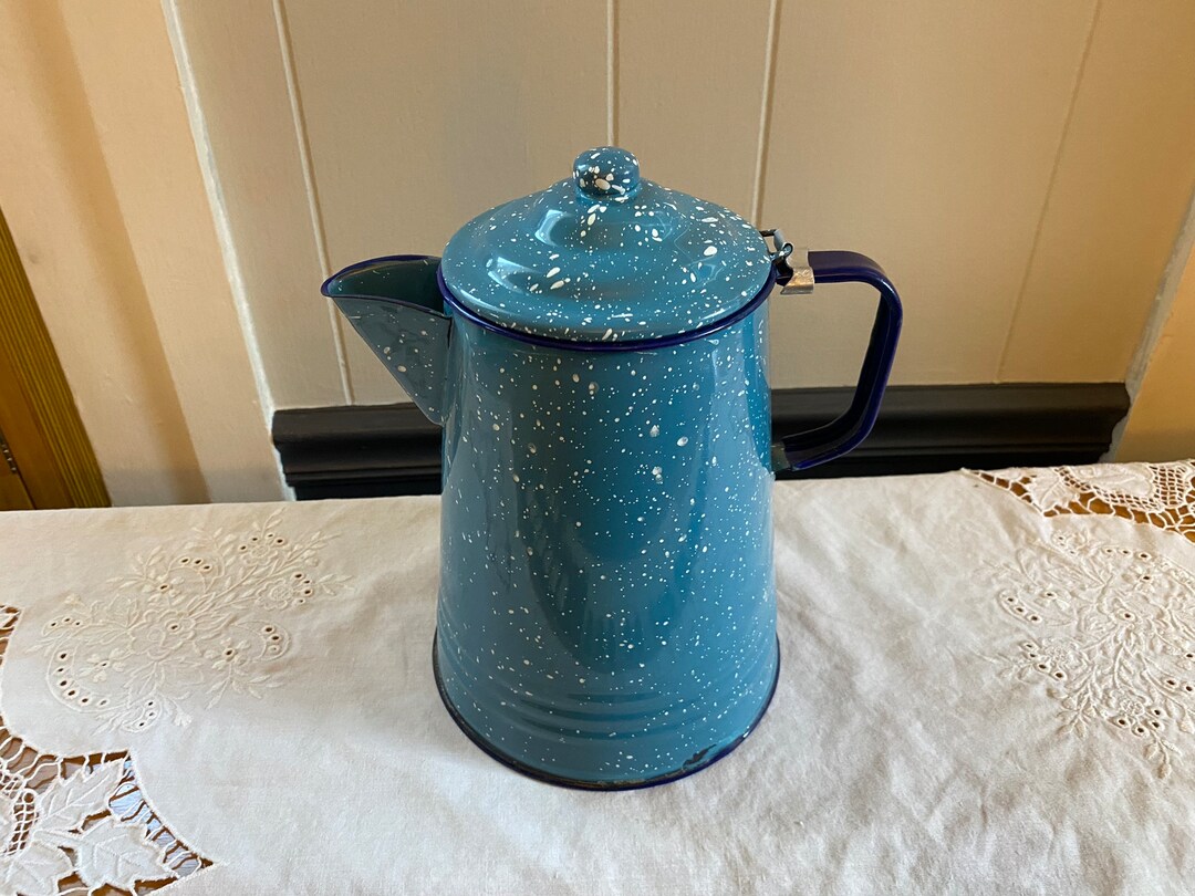 Larger Blue Spatterware Enamel Coffee Pot, Aqua Blue, Teal Vintage ...