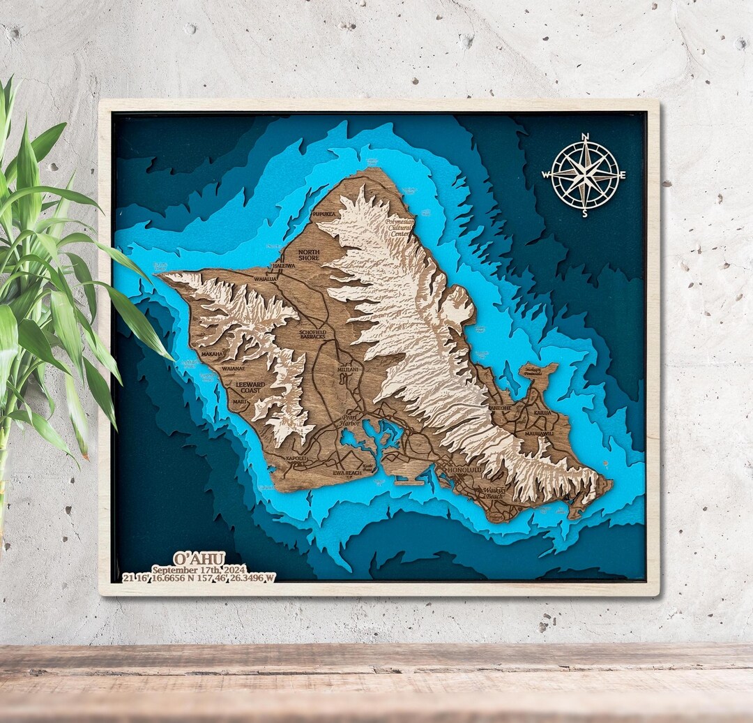Oahu Island Wood Map 3D - Etsy