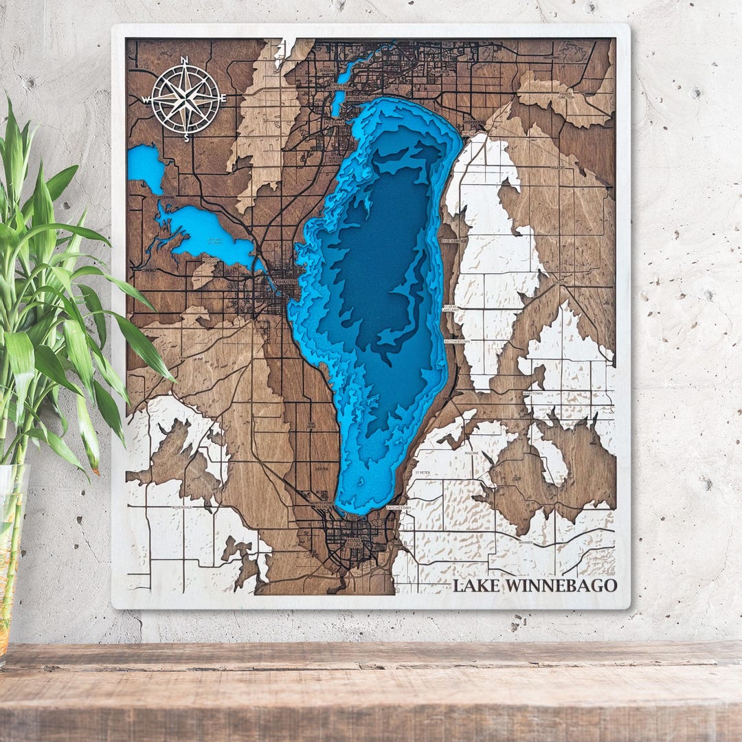 Lake Winnebago 3D Wood Map Wall Art – Wisconsin Layered Topographic Map ...