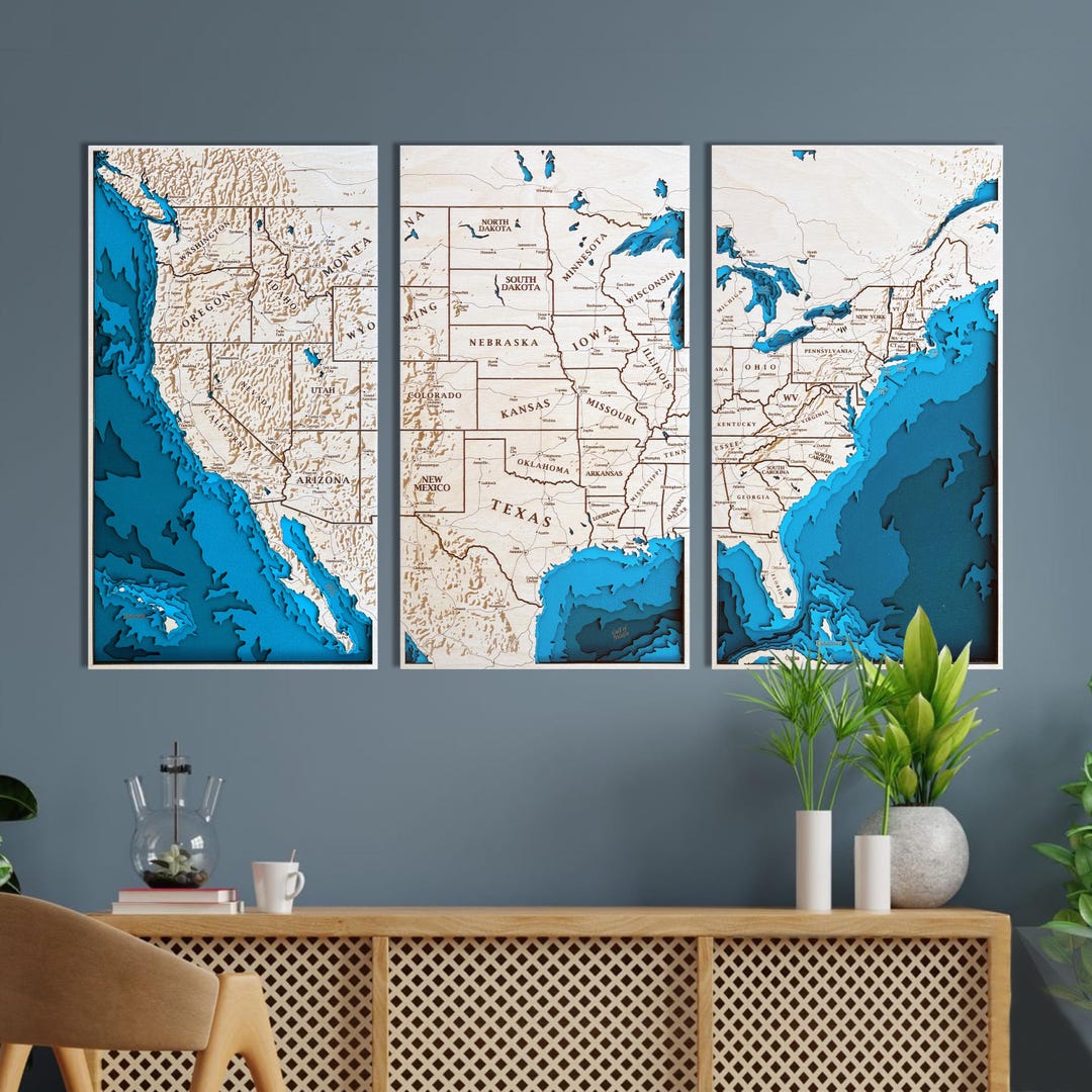 USA Map Triptych Wall Art – 3-panel Wooden Nautical 3D Map Decor - Etsy
