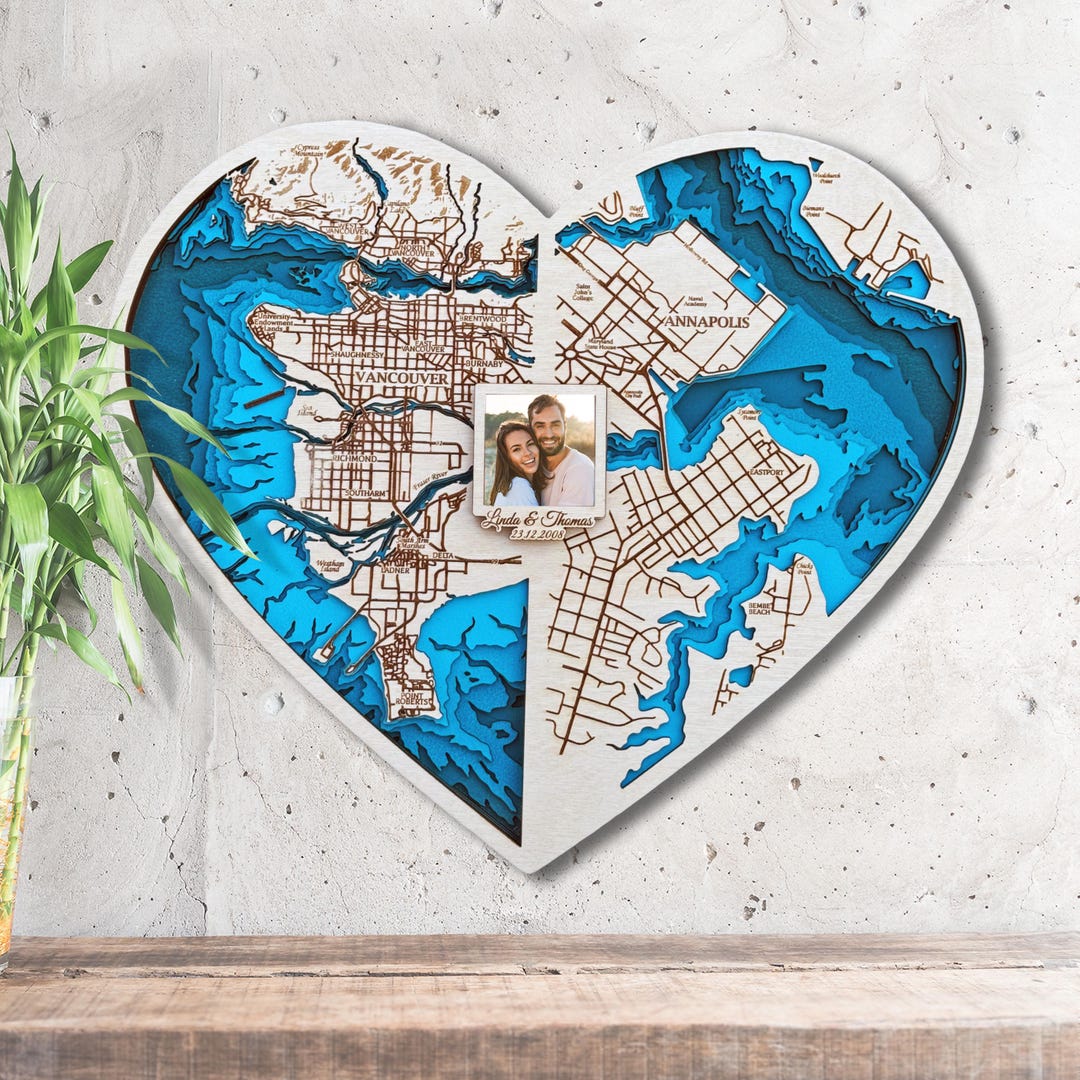 Custom Heart Map for Couples Long Distance Wall Art 3D Dual Location ...