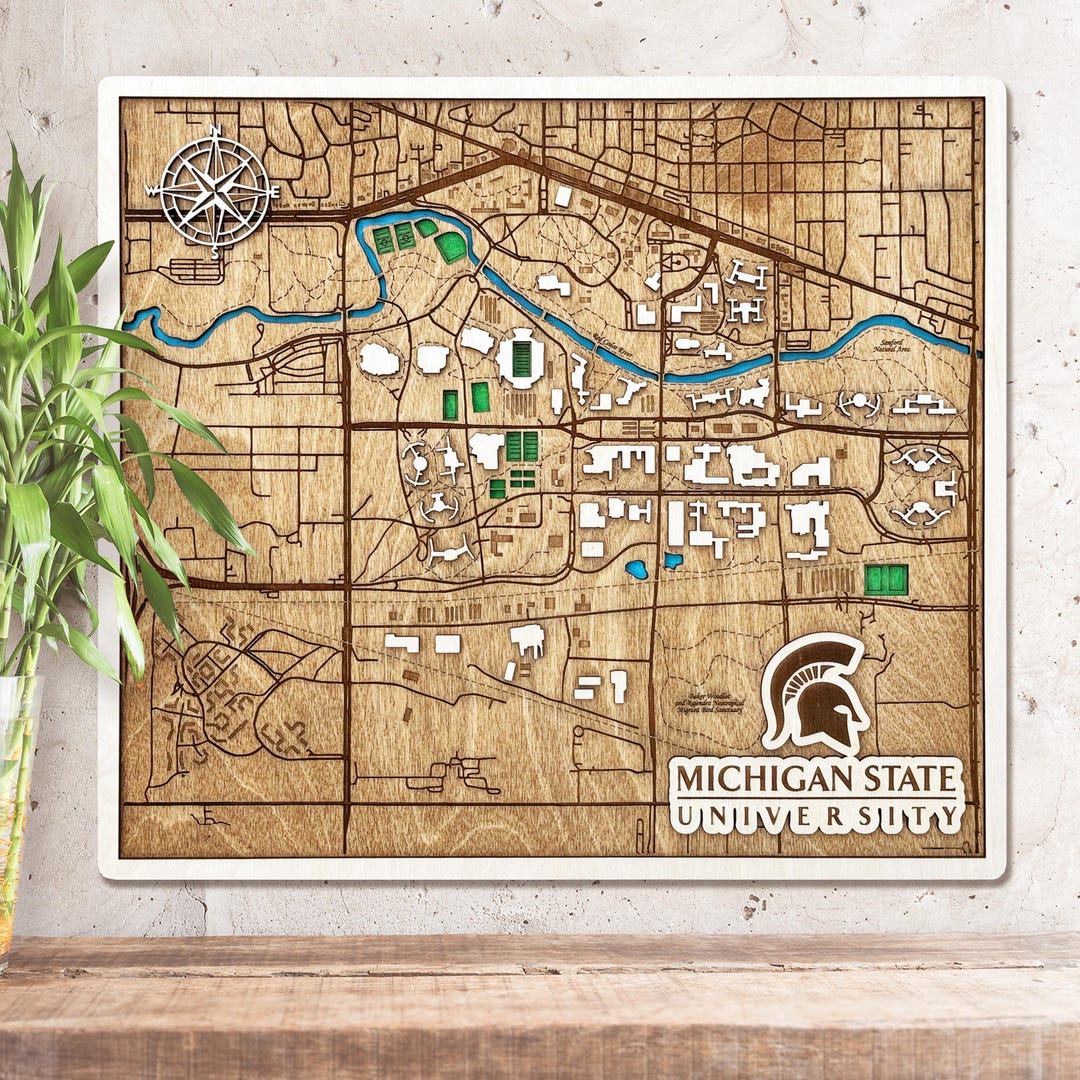 Michigan State University Campus Map 3D Wooden Wall Art MSU Graduation ...