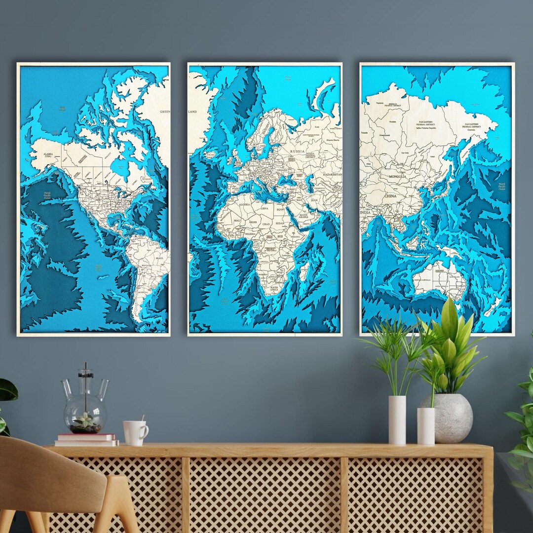 3 Panel Wood World Map Wall Art: Layered Ocean Depth Design - Etsy