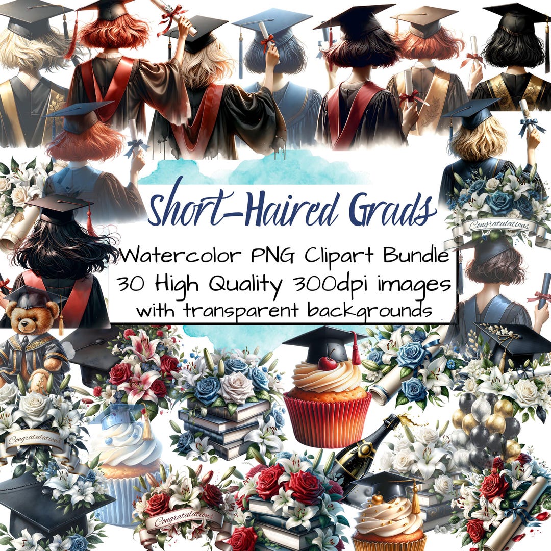 Watercolor Graduation Clipart Set: Blue & Gold PNG Images (digital ...