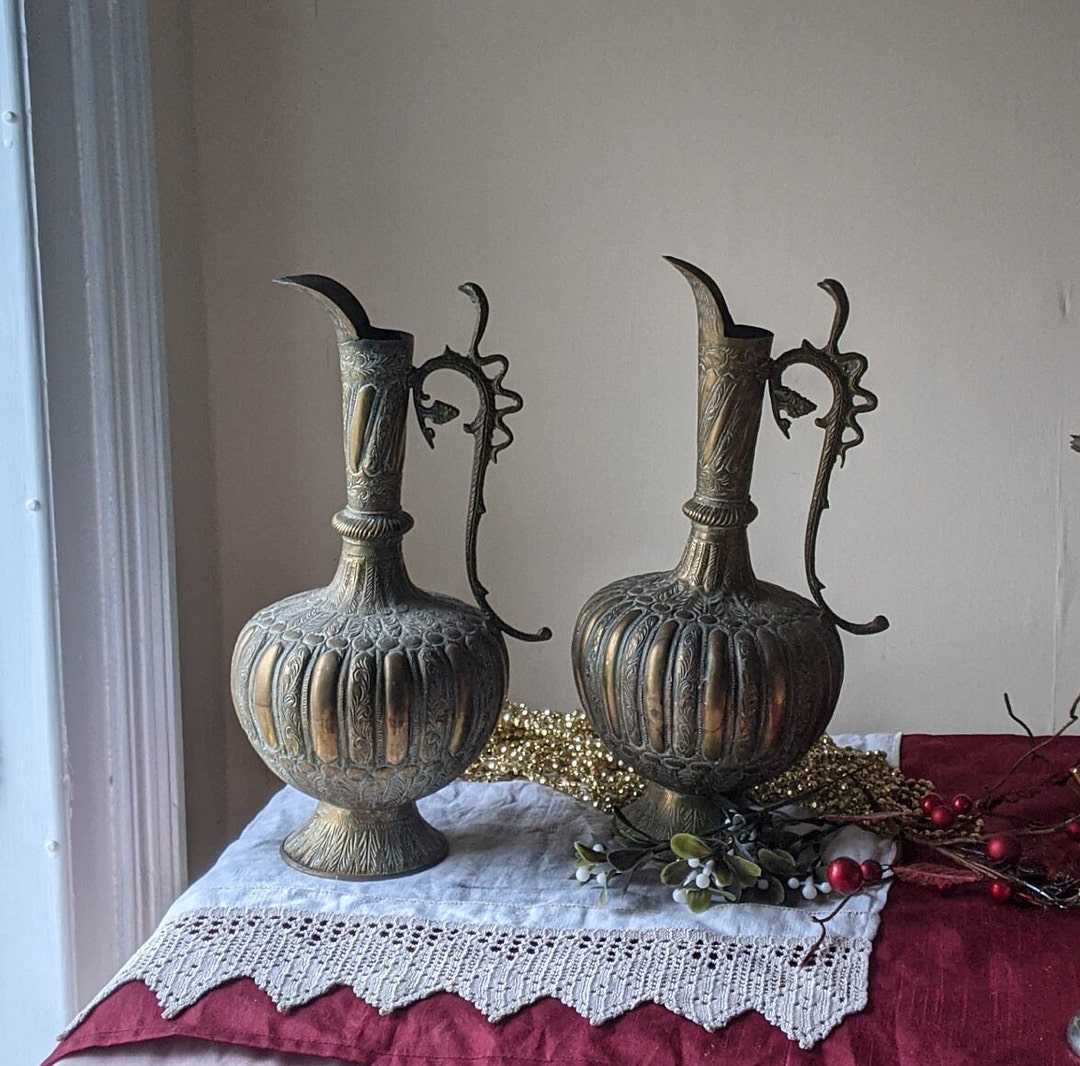 Magnificent Pair of Antique Indian Brass Engraved Jugs / Ewers With ...