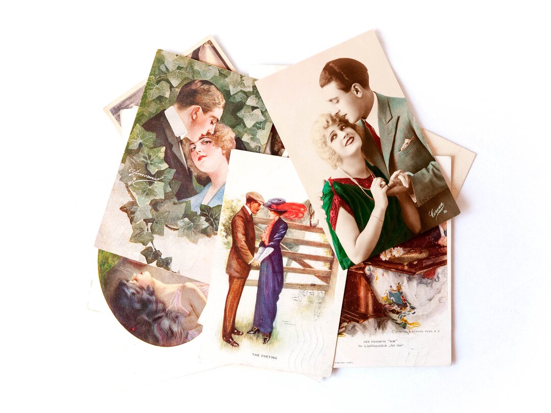 12 Vintage Romantic Postcards Featuring Couples in Love, Collectible ...