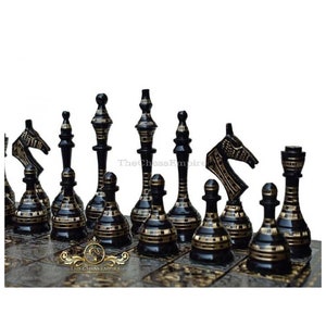 The Castle Carved Complete Brass Chess Set 3.5" King Solid Metal Chess ...