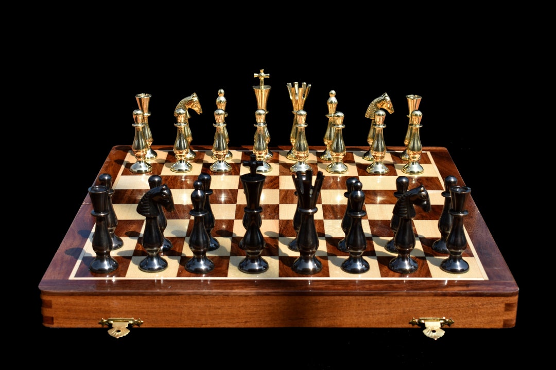 14" Folding Chess Board With 3.5" Solid Brass Majestic Series Chess ...