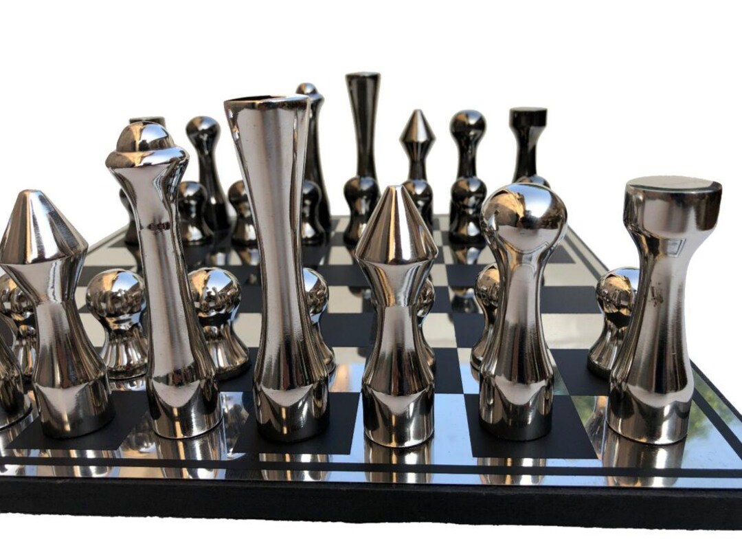 Aluminum Chess Set: Contemporary Metal Chessboard, Weighted Pieces, 4 ...