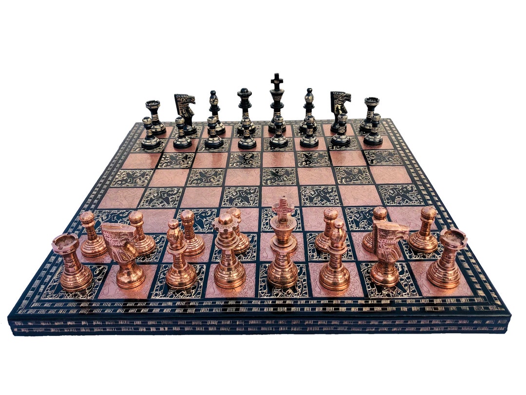 The Ancient Art Series Complete Brass Metal Chess Set 3.5" King With 14 ...