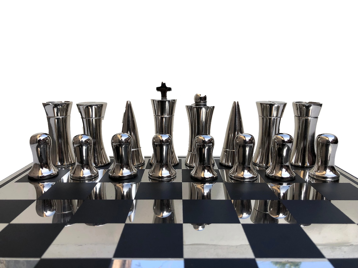 Art Deco Complete Aluminum Chess Set 3.5" Metal Pieces With 14" Metal ...