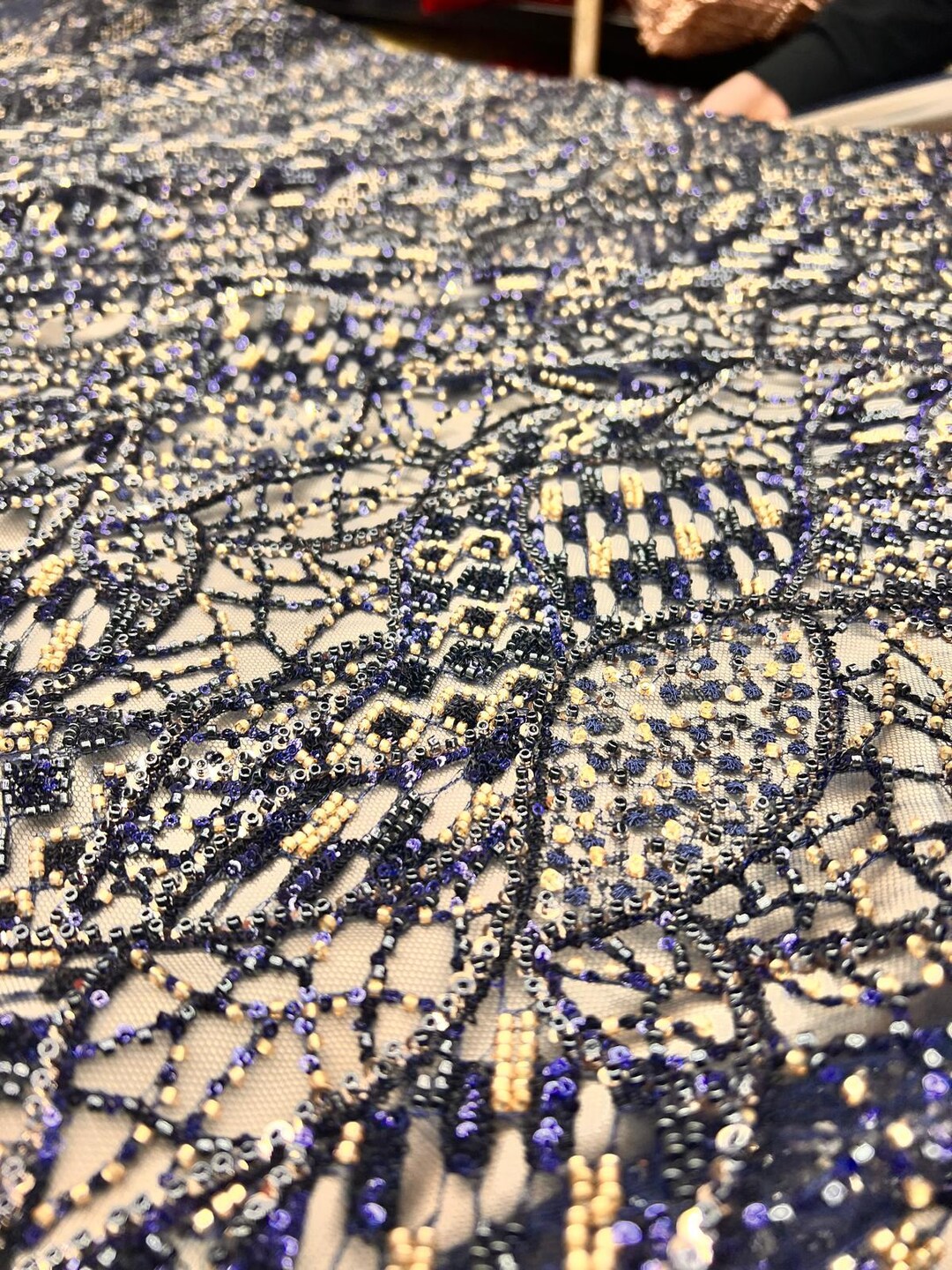 Navy Luxurious Beaded Sequences and Beads Tulle Fabric Elegant Design ...