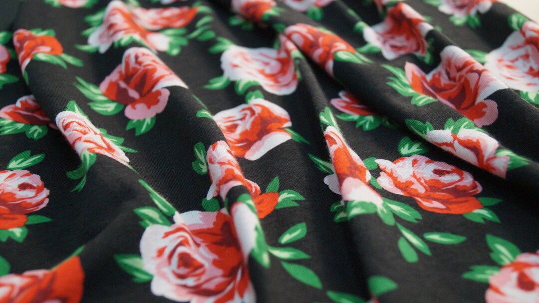 Floral, Floral Fabric, Red Rose, Green Leaves, Black Jersey Fabric ...