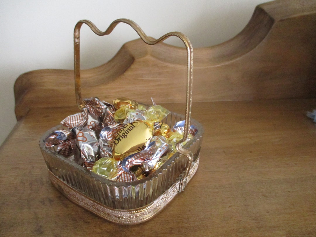 Square Glass Candy Dish With Metal Holder, Vintage - Etsy
