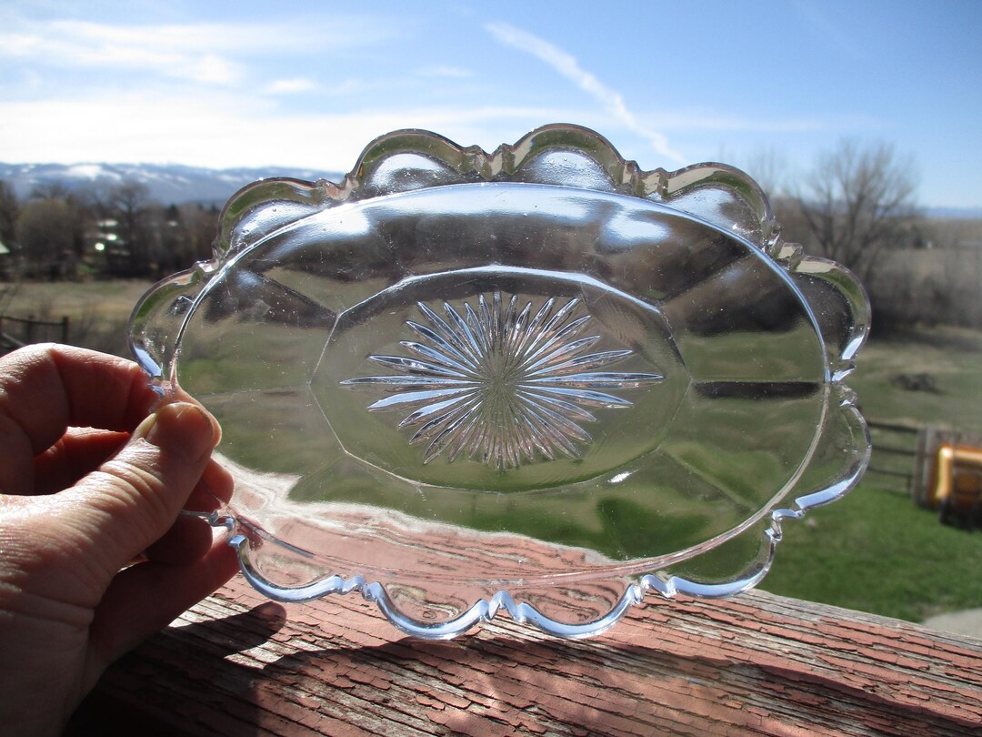 Pressed Glass Condiment Tray: Early American Starburst Scalloped Server ...