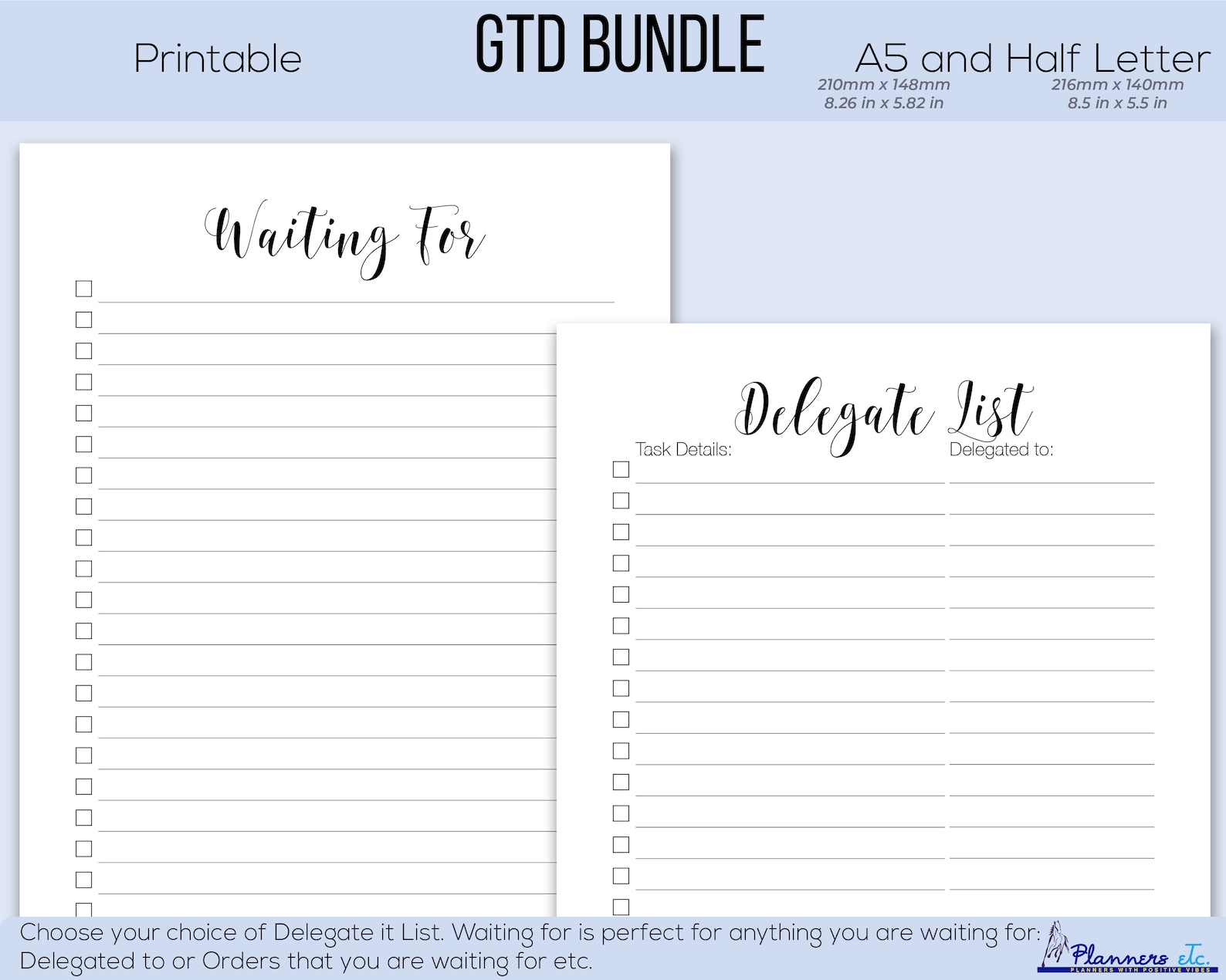 Getting Things Done Printable A5 Planner Kit, GTD Half Letter Printable ...