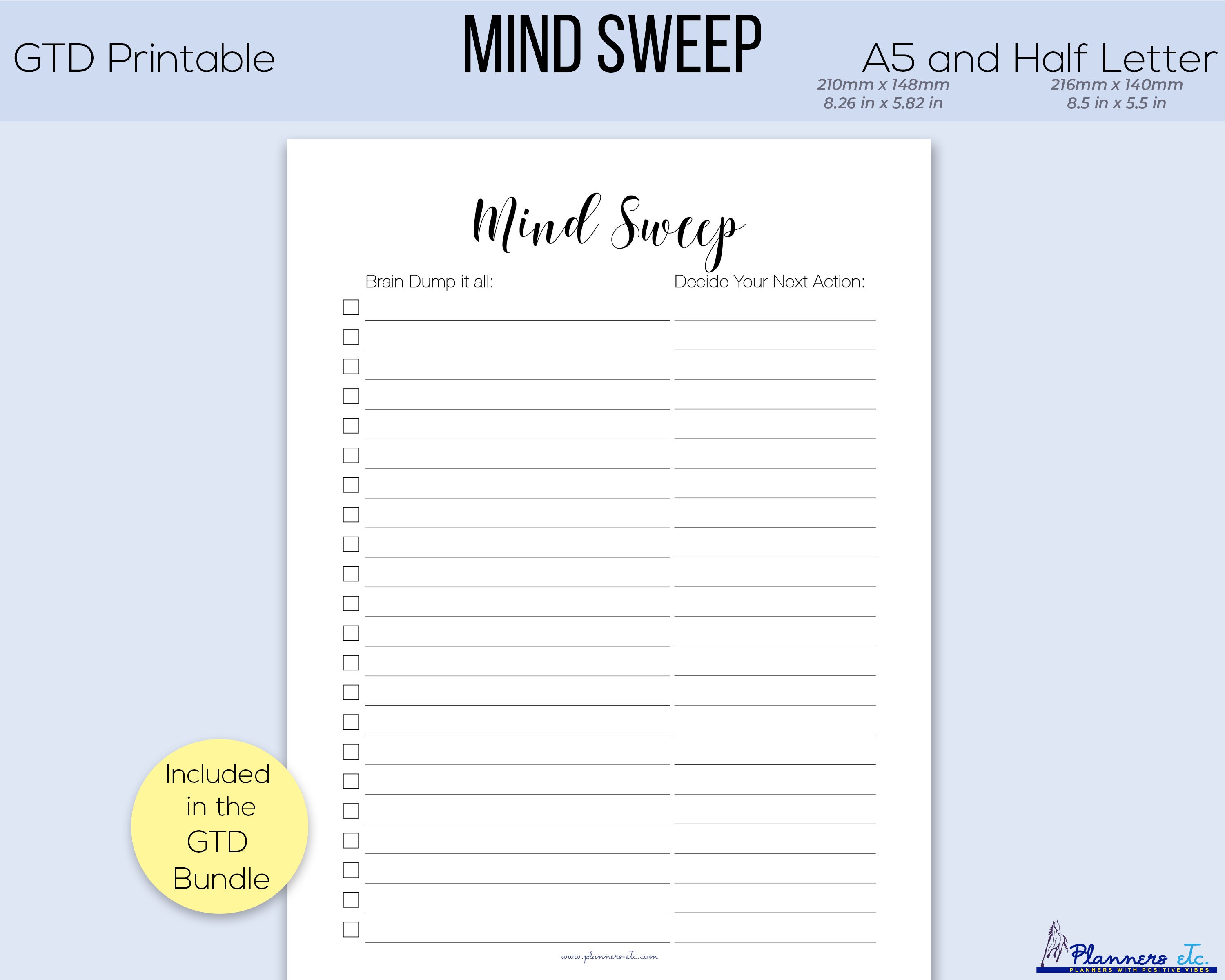 GTD Mindsweep Printable for A5 and Half Letter Planners - Etsy