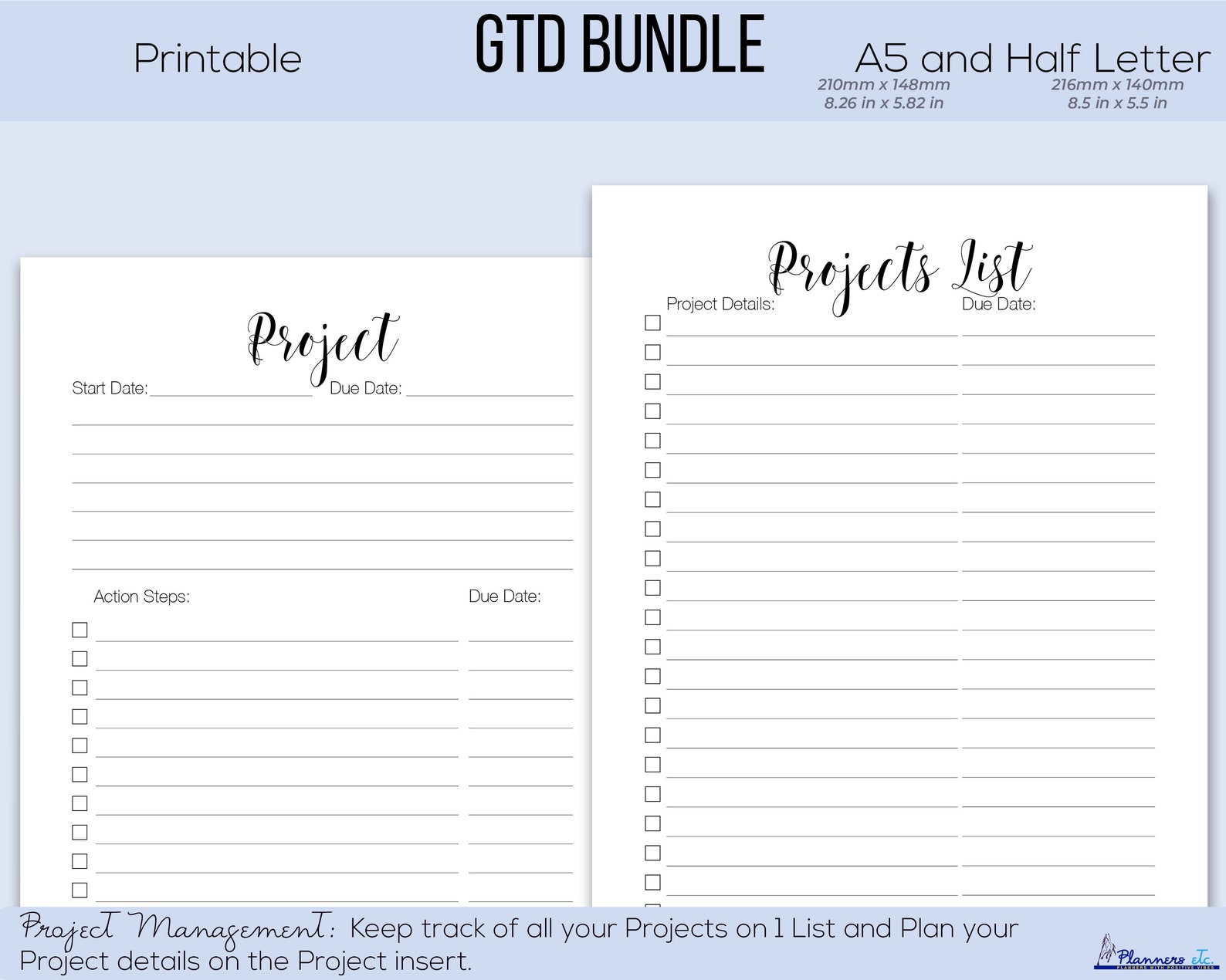 Getting Things Done Printable A5 Planner Kit, GTD Half Letter Printable ...