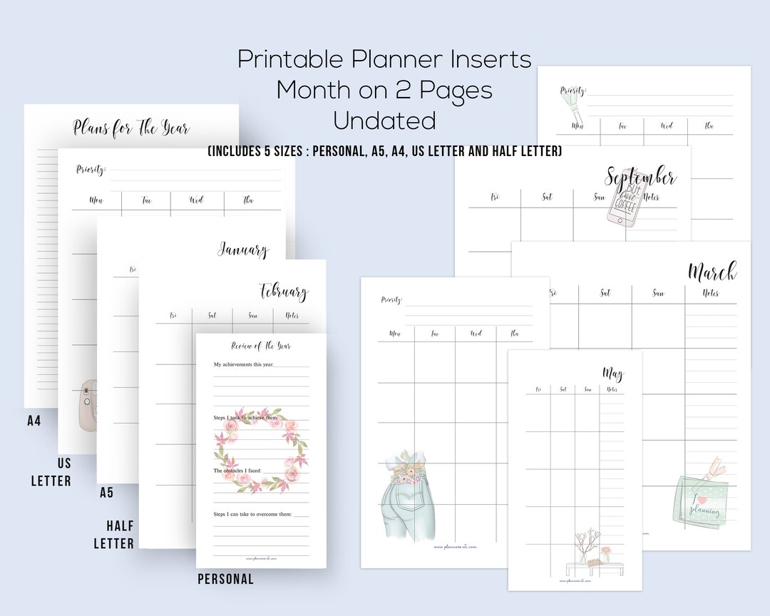 Month on 2 Pages, Undated Planner 2020, A5 Filofax Printable, 2020 ...