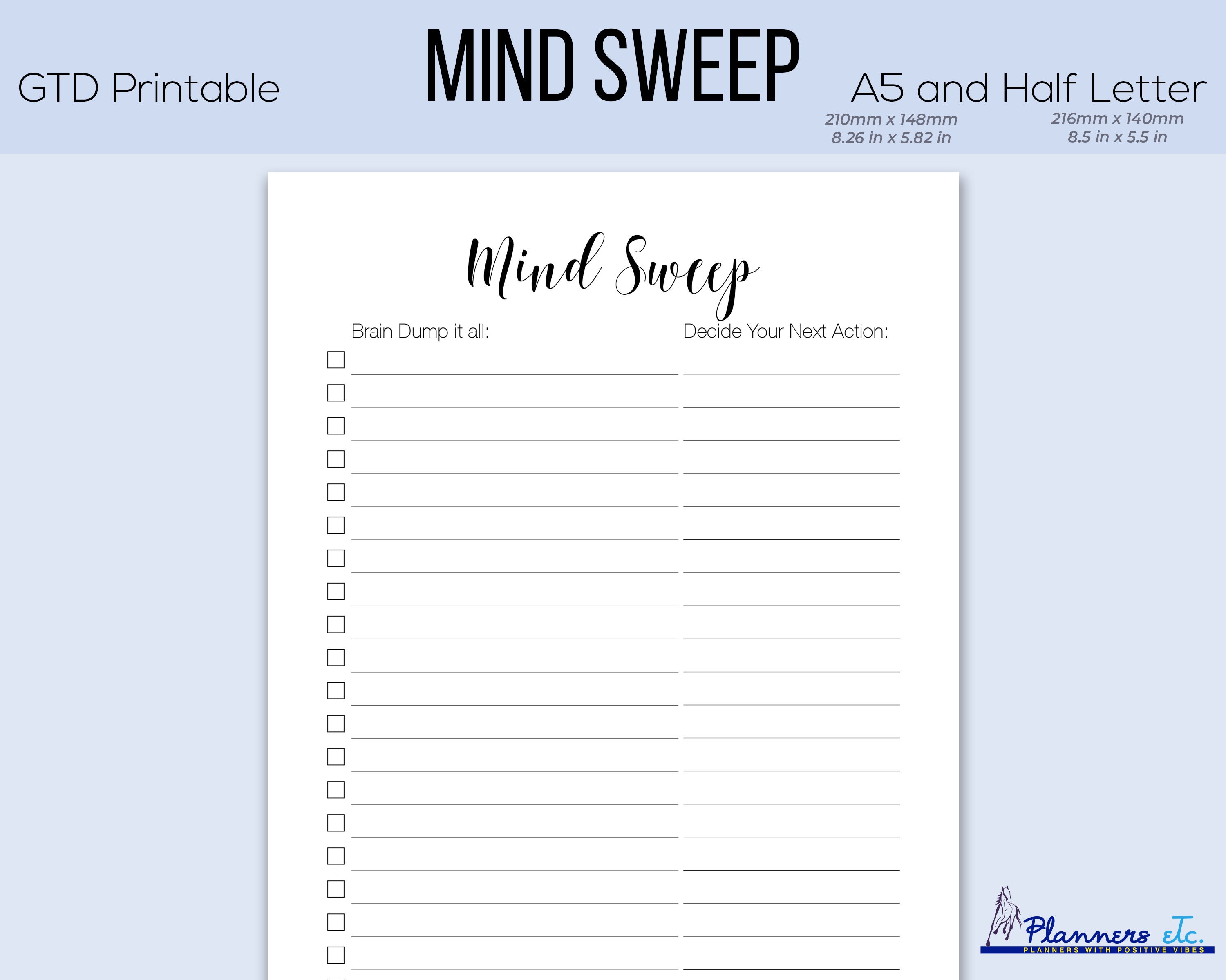 GTD Mindsweep Printable for A5 and Half Letter Planners - Etsy