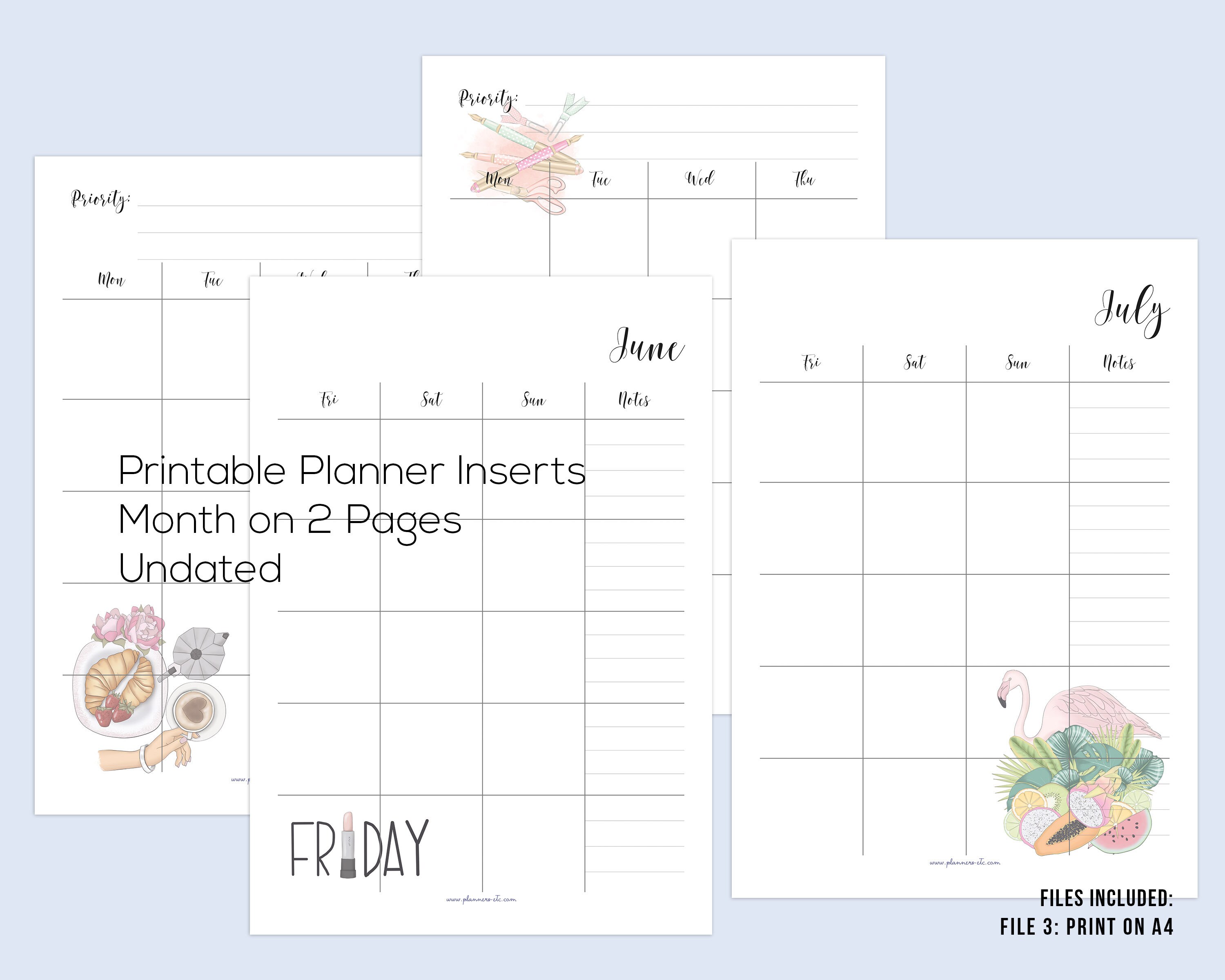 Month on 2 Pages, Undated Planner 2020, A5 Filofax Printable, 2020 ...