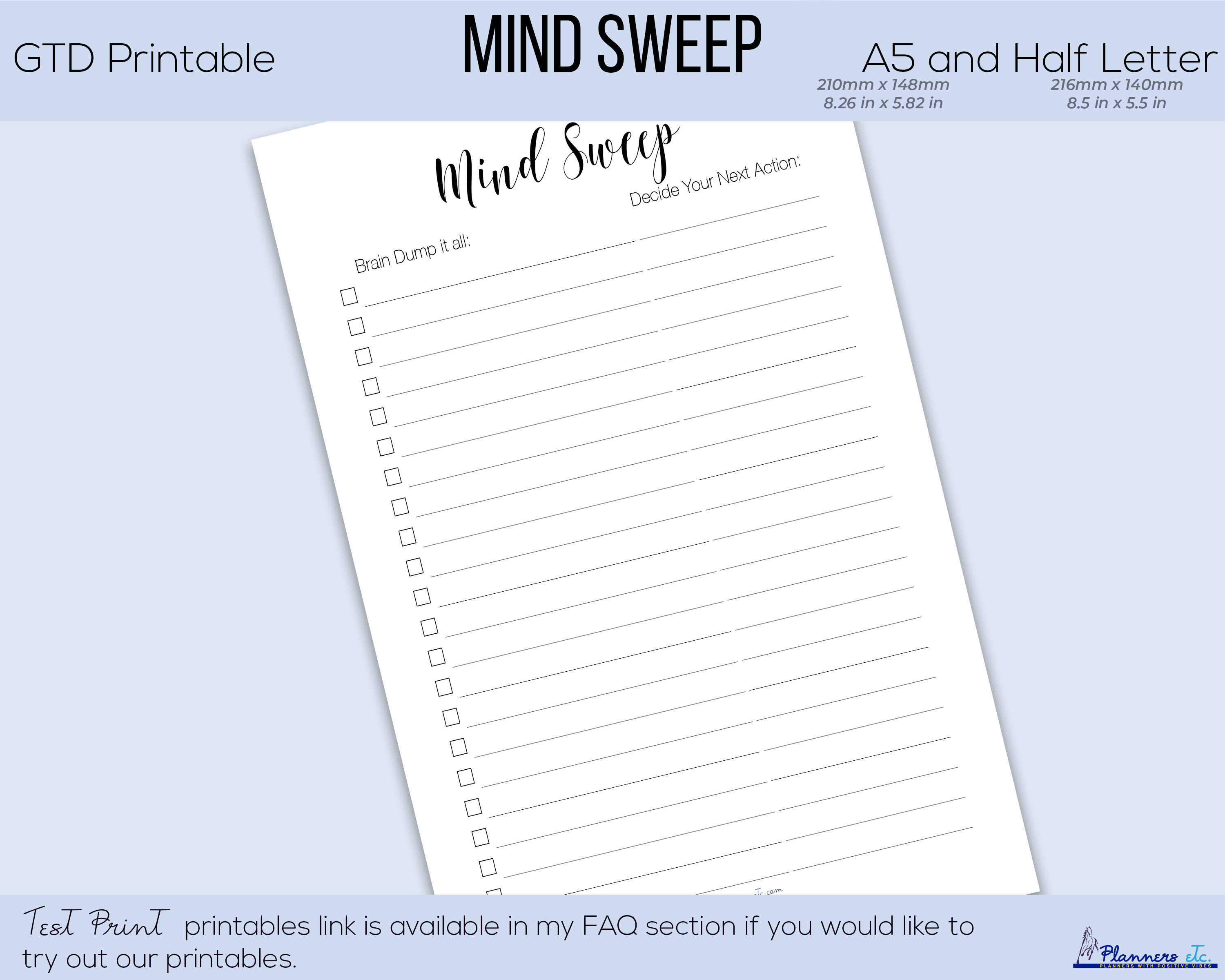 GTD Mindsweep Printable for A5 and Half Letter Planners - Etsy