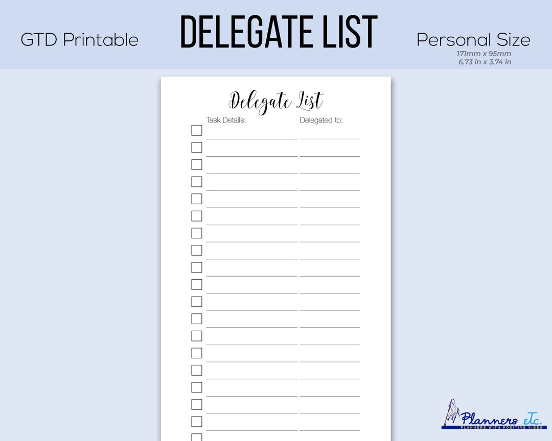 GTD Delegate List, Personal Size Business Insert, Work Insert, Meetings ...