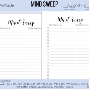 GTD Mindsweep Printable for A5 and Half Letter Planners - Etsy
