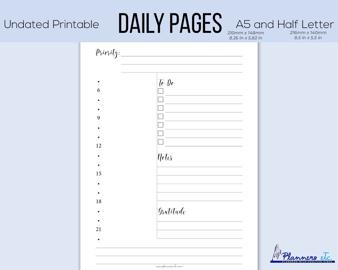 Daily Planner Printable A5, Half Letter Daily Planner Pages, Daily ...