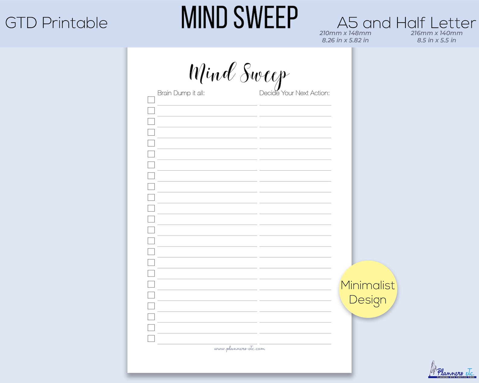 GTD Mindsweep Printable for A5 and Half Letter Planners - Etsy