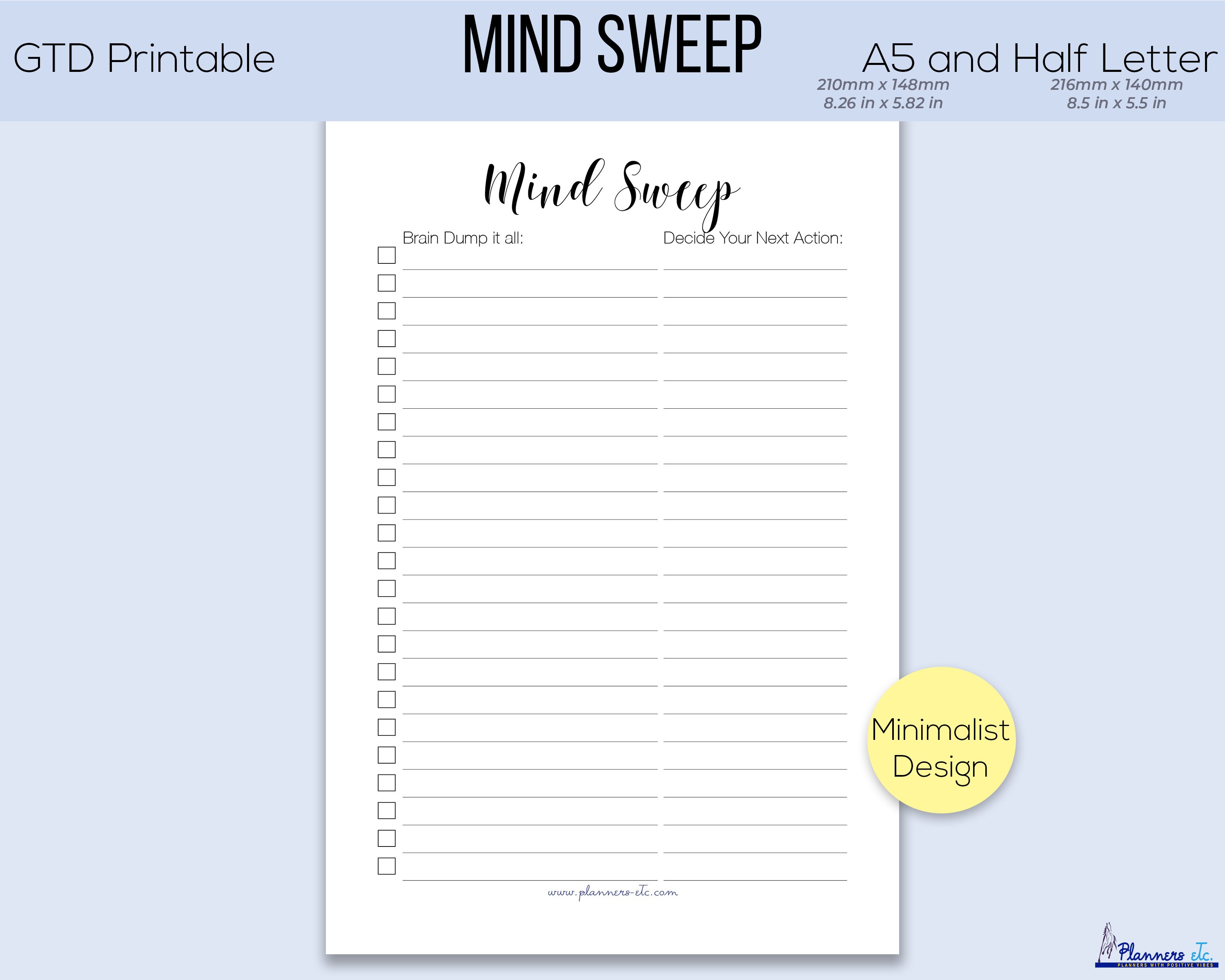 GTD Mindsweep Printable for A5 and Half Letter Planners | Etsy