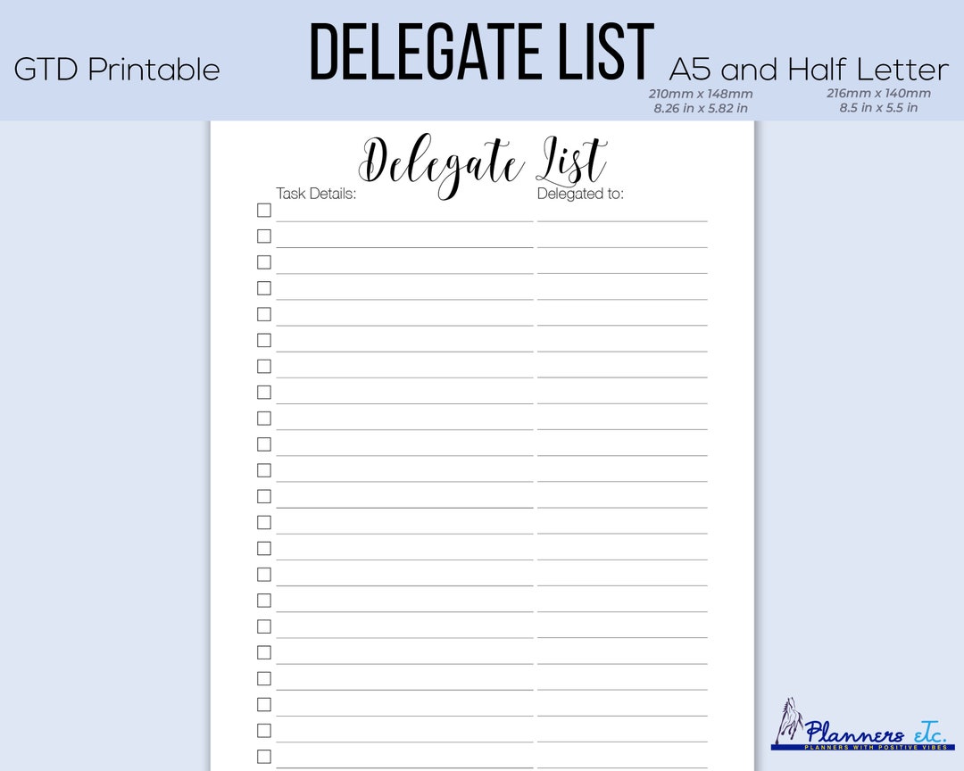Delegate It List as per the GTD Productivity Method in A5 and Half ...