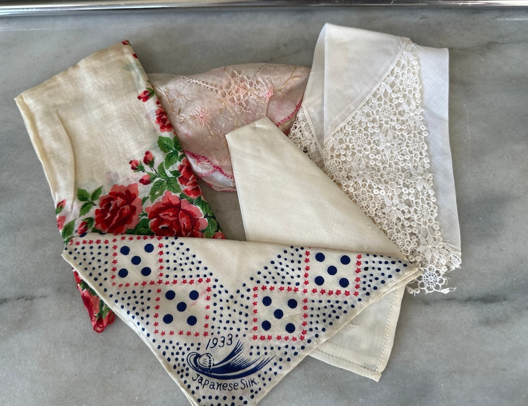 Set of 5 Vintage Handkerchiefs 1930s Japanese Silk Hanky Lace Hankies ...
