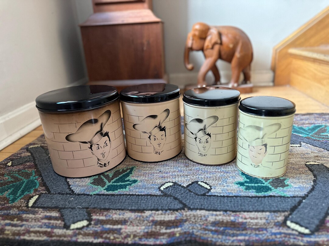 Vintage 1950s Parmeco Happy Chef Canister Set Pink or Cream and Black ...