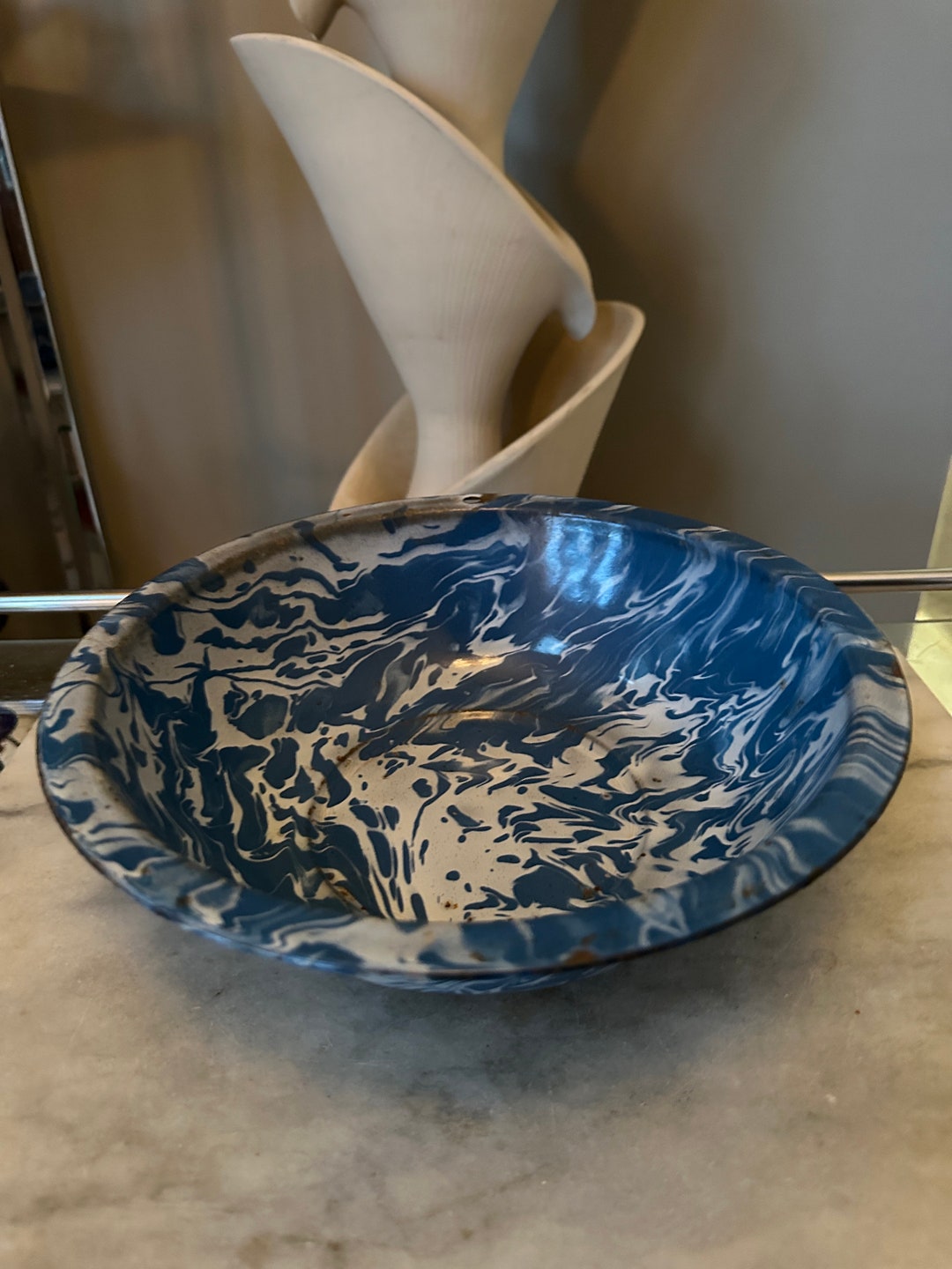 Vintage Blue and White Swirl Enamelware Swirl Agateware Bowl - Etsy