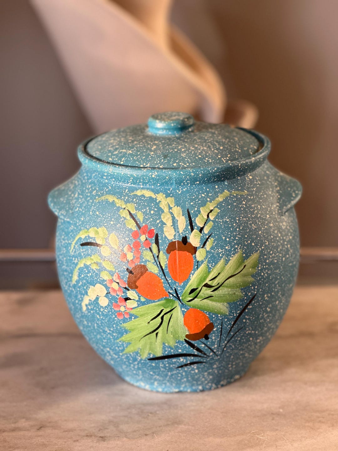 Vintage Ceramic Cookie Jar Blue Handpainted Flowers Acorns - Etsy