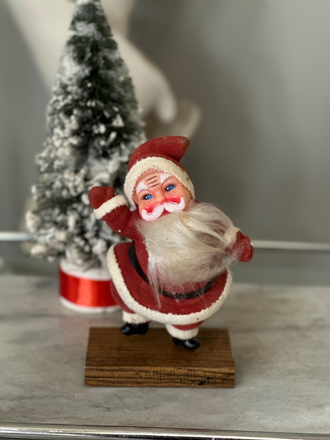 Vintage Flocked Santa Claus: MCM Dancing Christmas Decor on Wooden Base ...