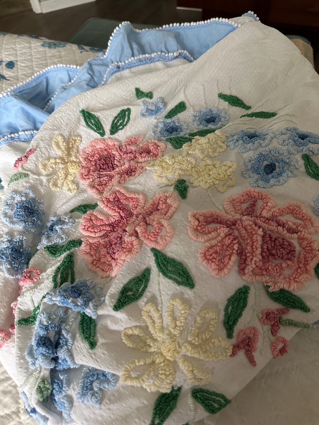 Vintage 1950s Needle Tuft Cotton and Chenille Bedspread White and Blue Ruffles, Pink, Blue and ...