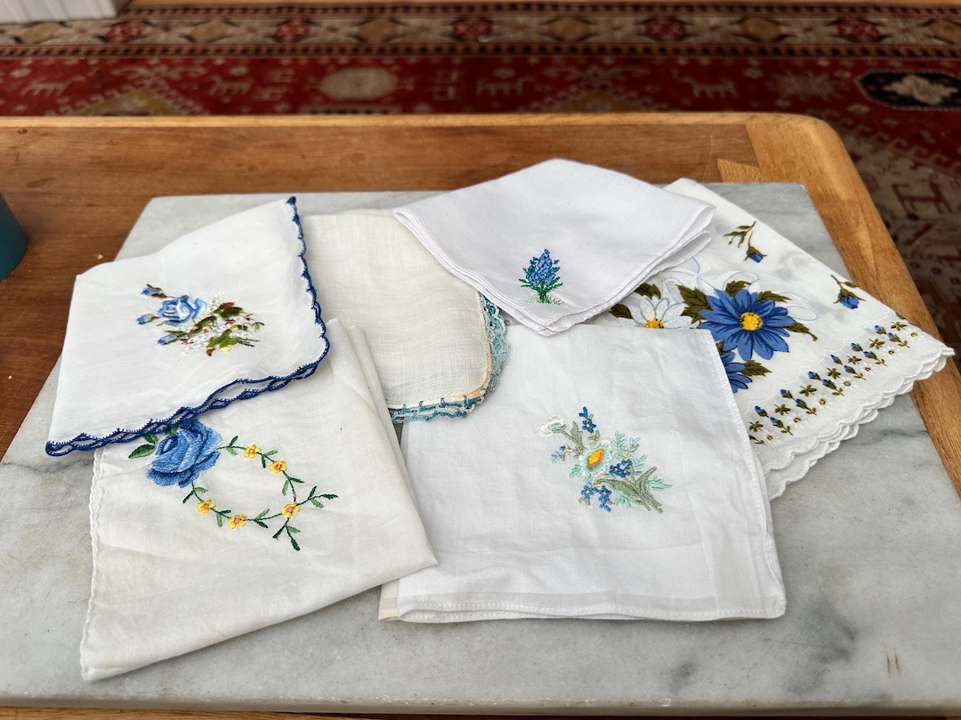 Vintage Linen Hankies - Blue Floral Embroidery, Bridal Hanky Set of 5 ...
