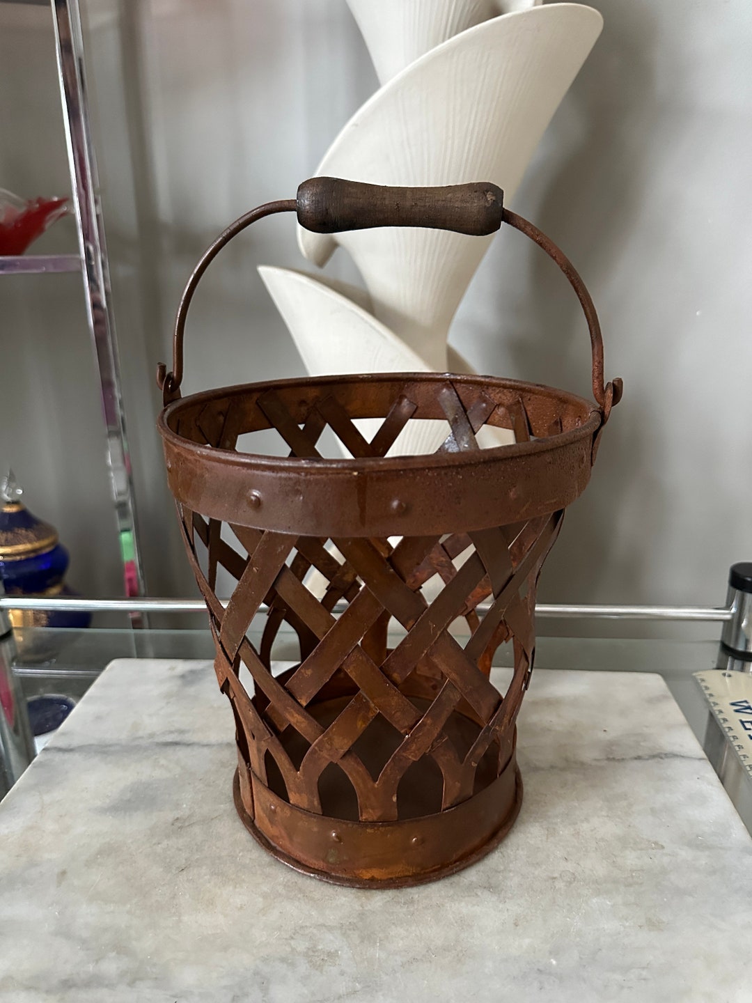 Rustic Metal Grated Woven Waste Basket Trash Can Planter Farmhouse ...