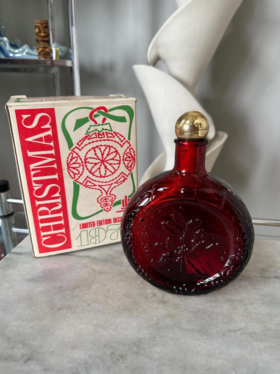 Vintage Wheaton Ruby Red Glass Bottle Christmas 1973 Holly Collectible ...