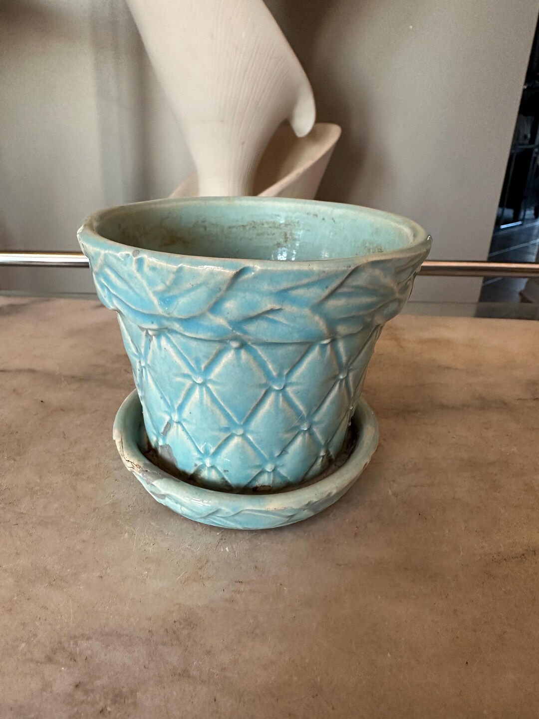 Vintage Mccoy Aqua Flower Pot, Diamond Quilted With Leaves, Mccoy Pot ...