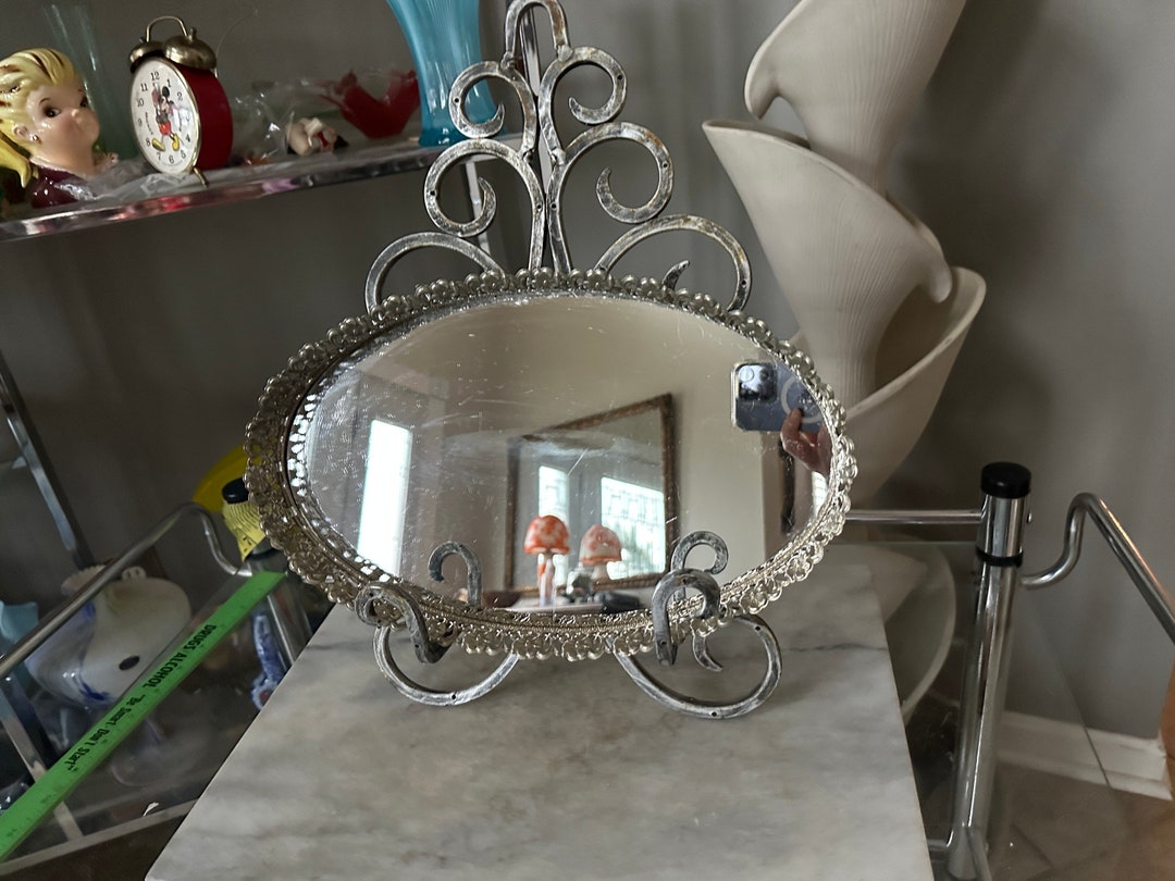 Vintage Oval Mirrored Tray | Hollywood Regency Decorative Vanity Tray ...