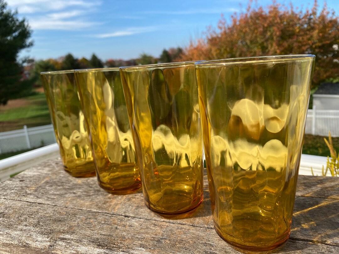 Vintage Amber Glass Drinking Glasses Teardrop Optic Pattern Glass Tumbler Set Of 4 Etsy