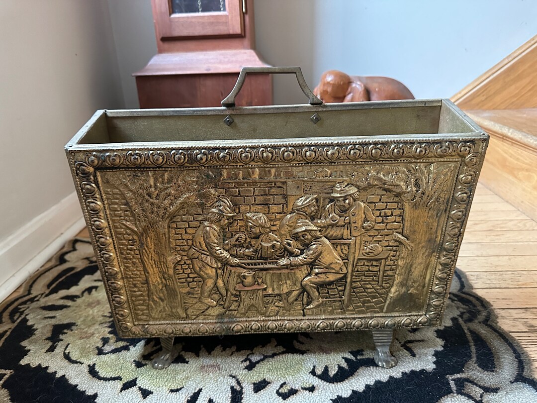 Hammered Brass Magazine Rack Tavern Scene With Handle Vintage Paper ...