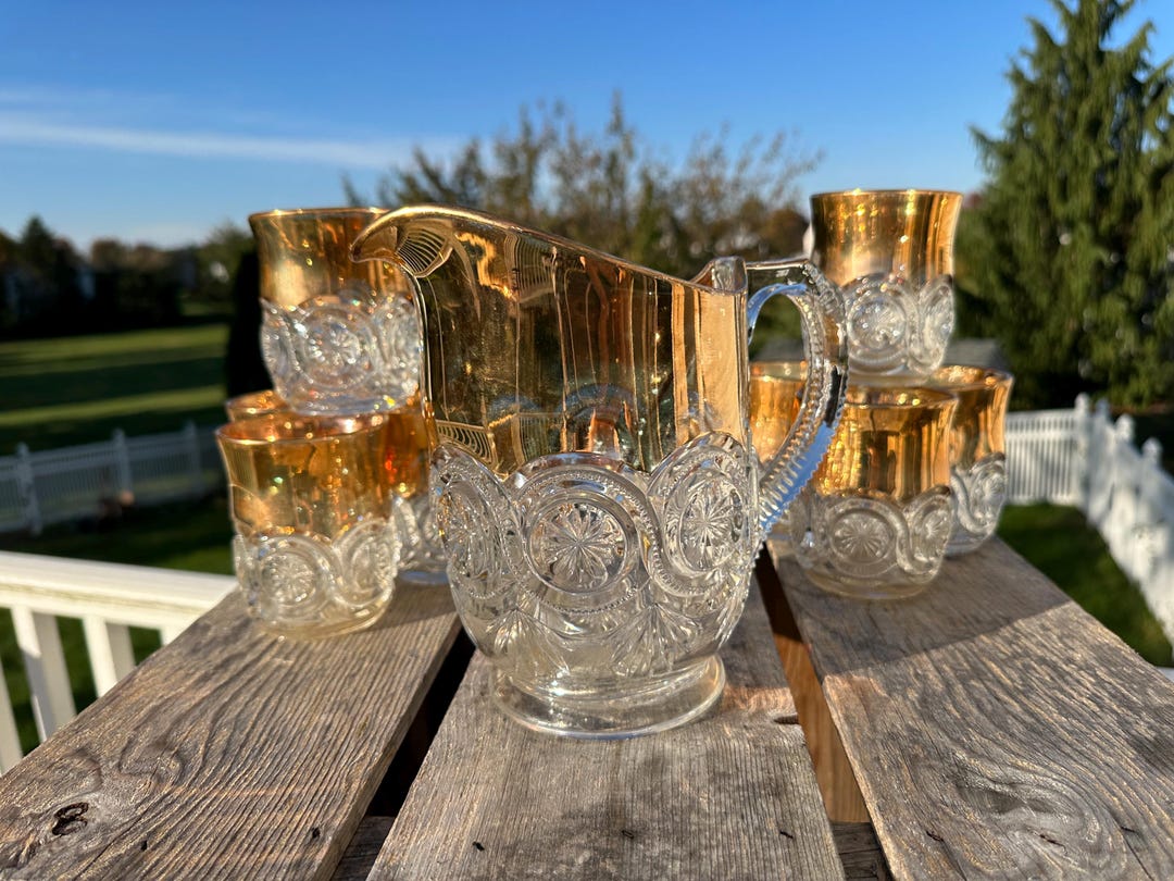 Vintage EAPG Duncan Miller Block and Medallion Starburst Pitcher and 8 ...