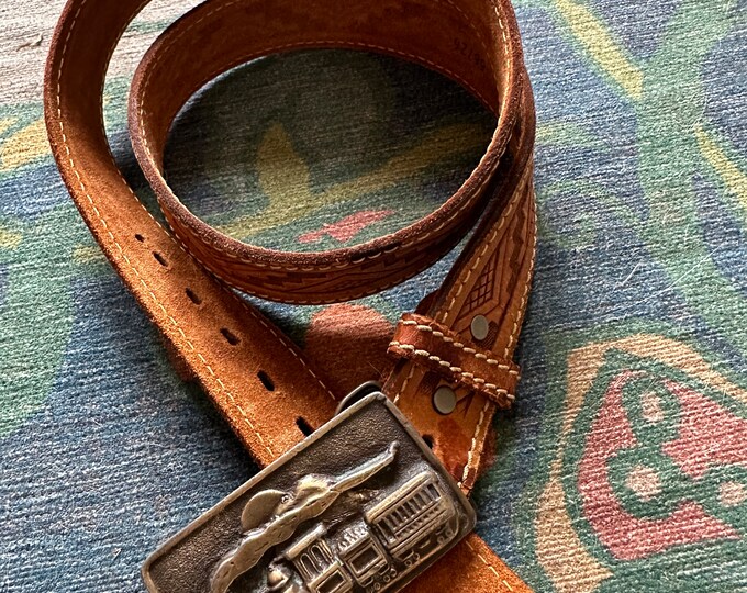 Vintage 1970s Brass Railroad Belt Buckle/ Tooled Brown Leather Belt ...