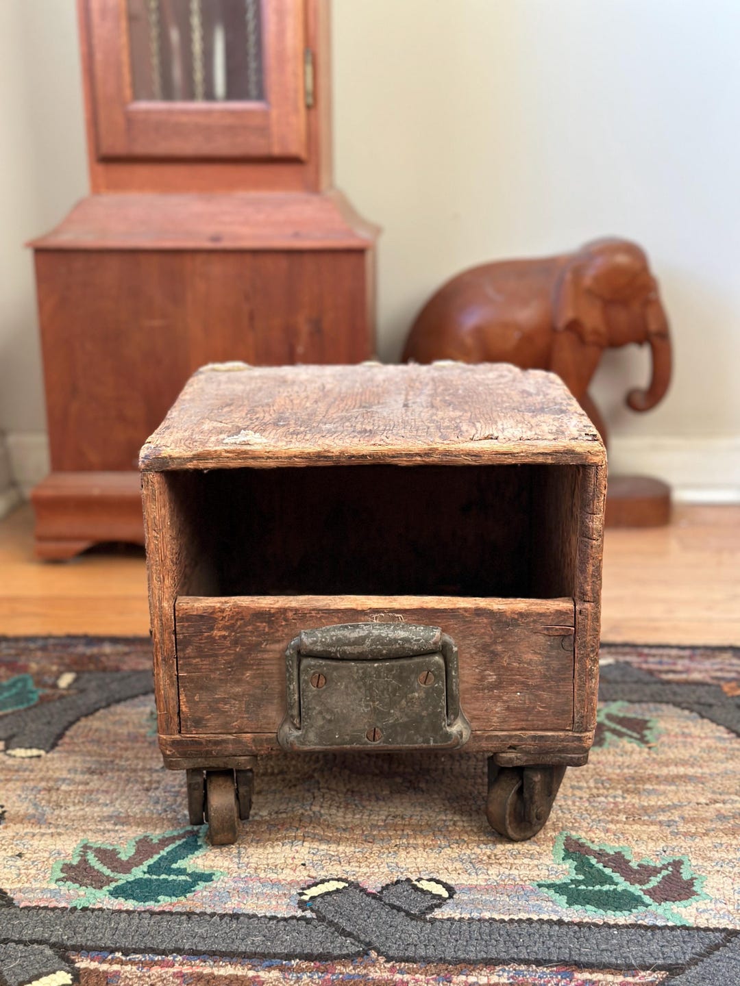 Antique Rustic Box / Step Stool With Cast Iron Wheels and Handle ...