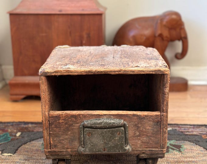 Antique Rustic Box / Step Stool With Cast Iron Wheels and Handle ...