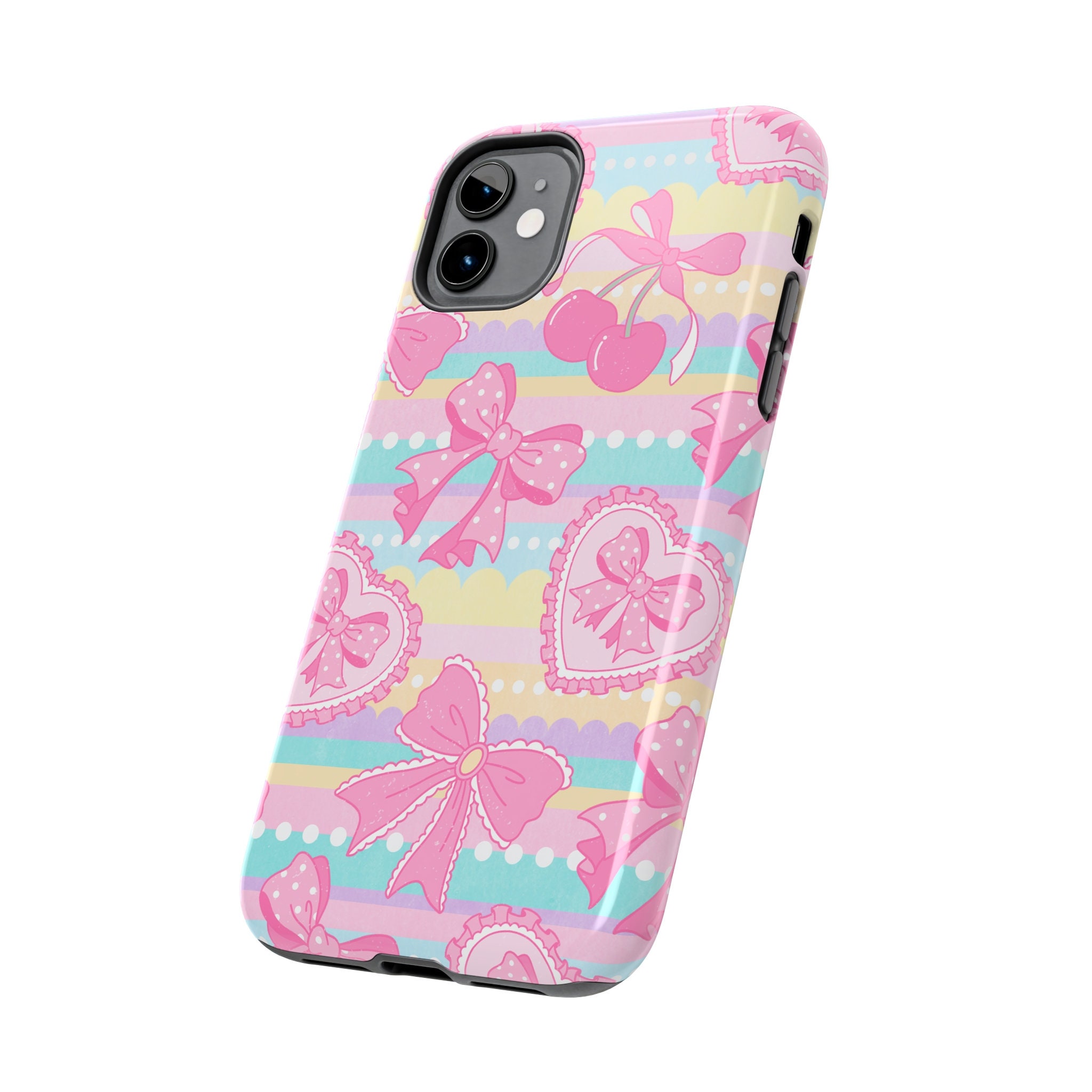 Pink Cherries and Bows Coquette Aesthetic Phone Tough Case for iPhone ...